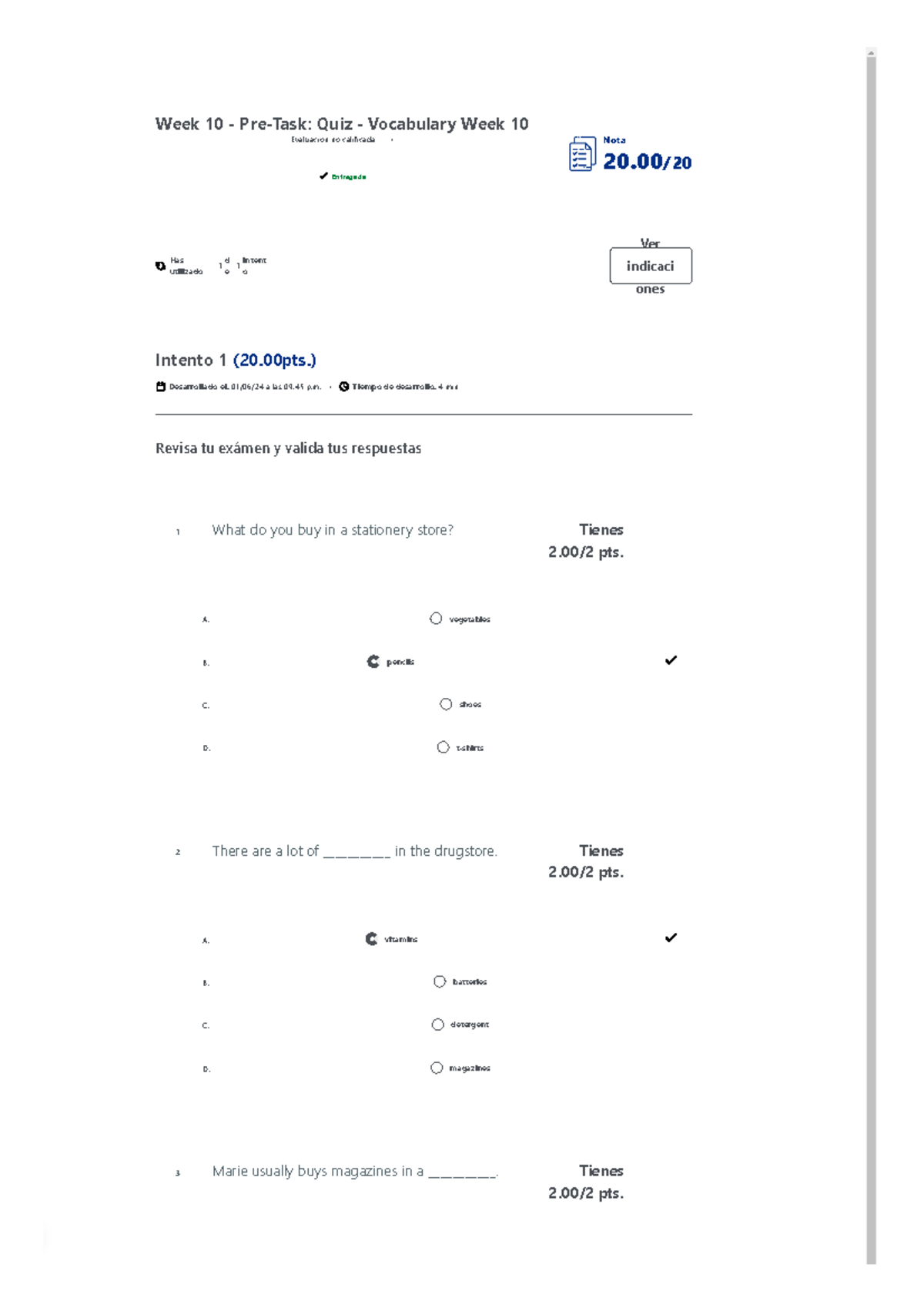 Week 10 - Quiz on Vocabulary - Pre-Task Assessment - Studocu
