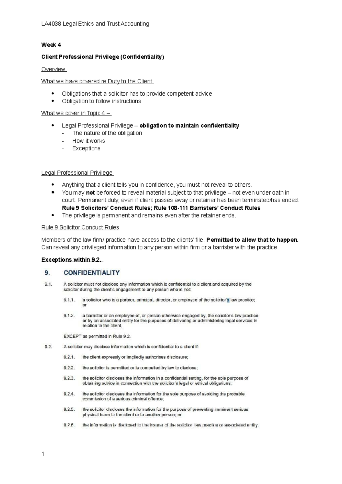 LA4038 Legal Ethics & Trust Accounting: Week 4 Client Privilege ...