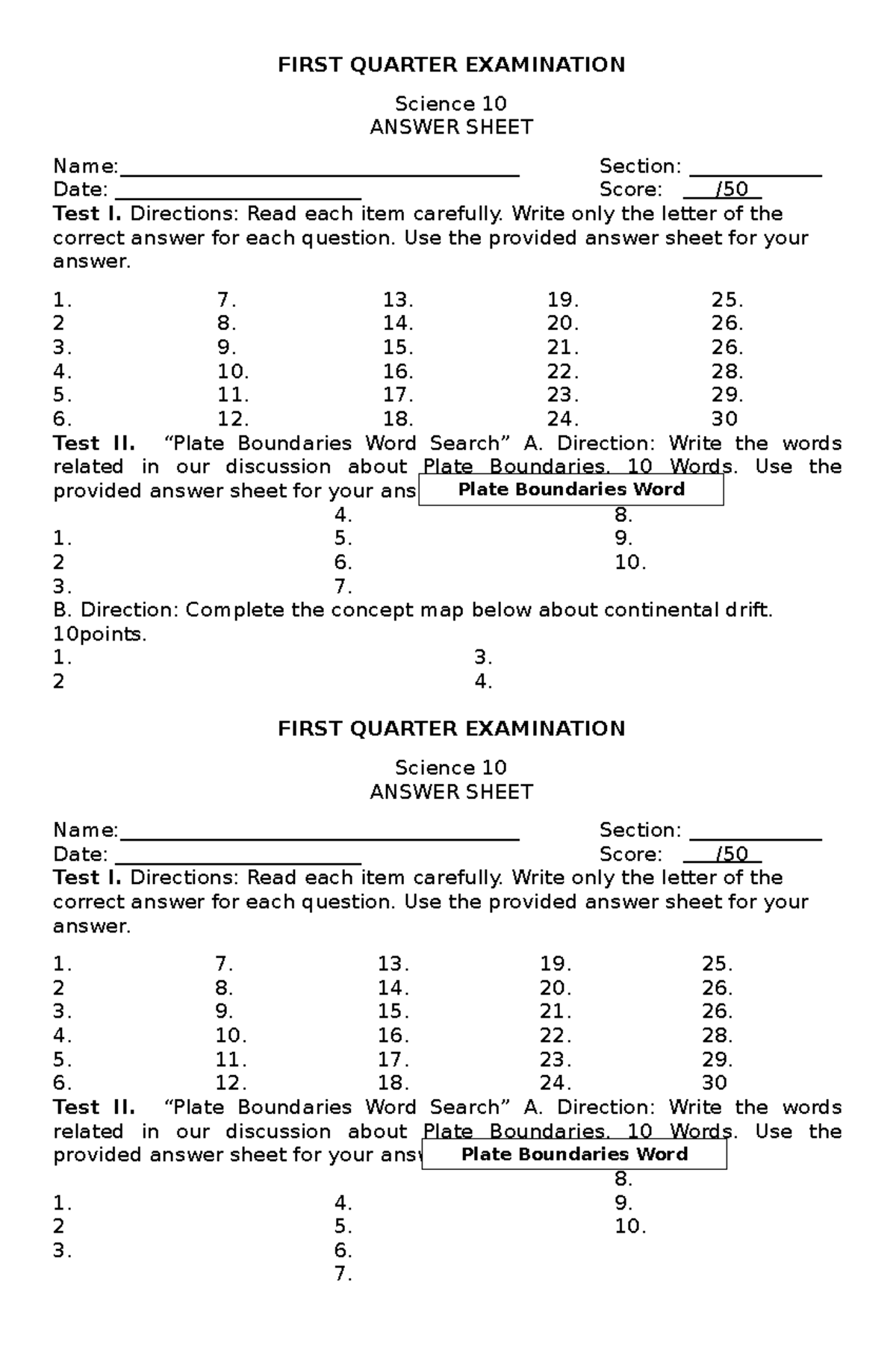 Science 10 - First Quarter Exam Answer Sheet and Test Directions - Studocu