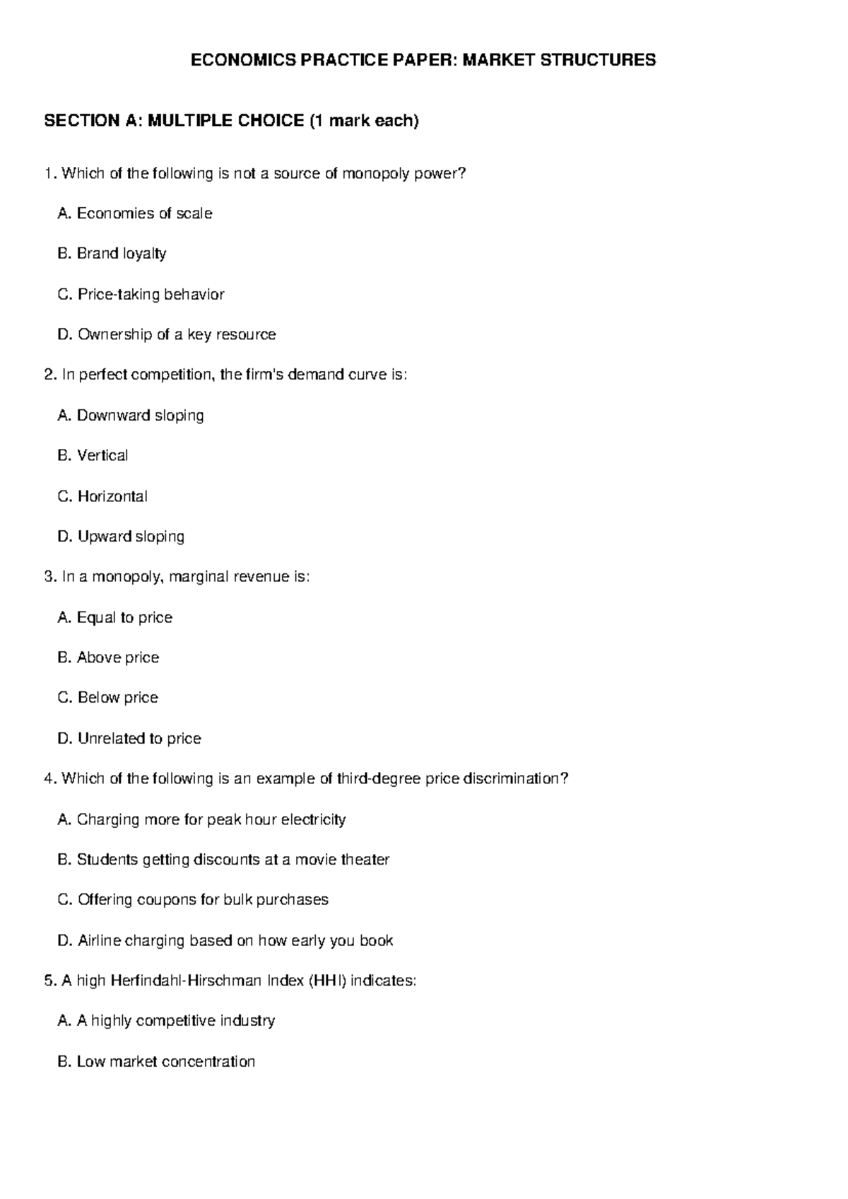 Economics Practice Paper: Market Structures (ECO 101) - Studocu