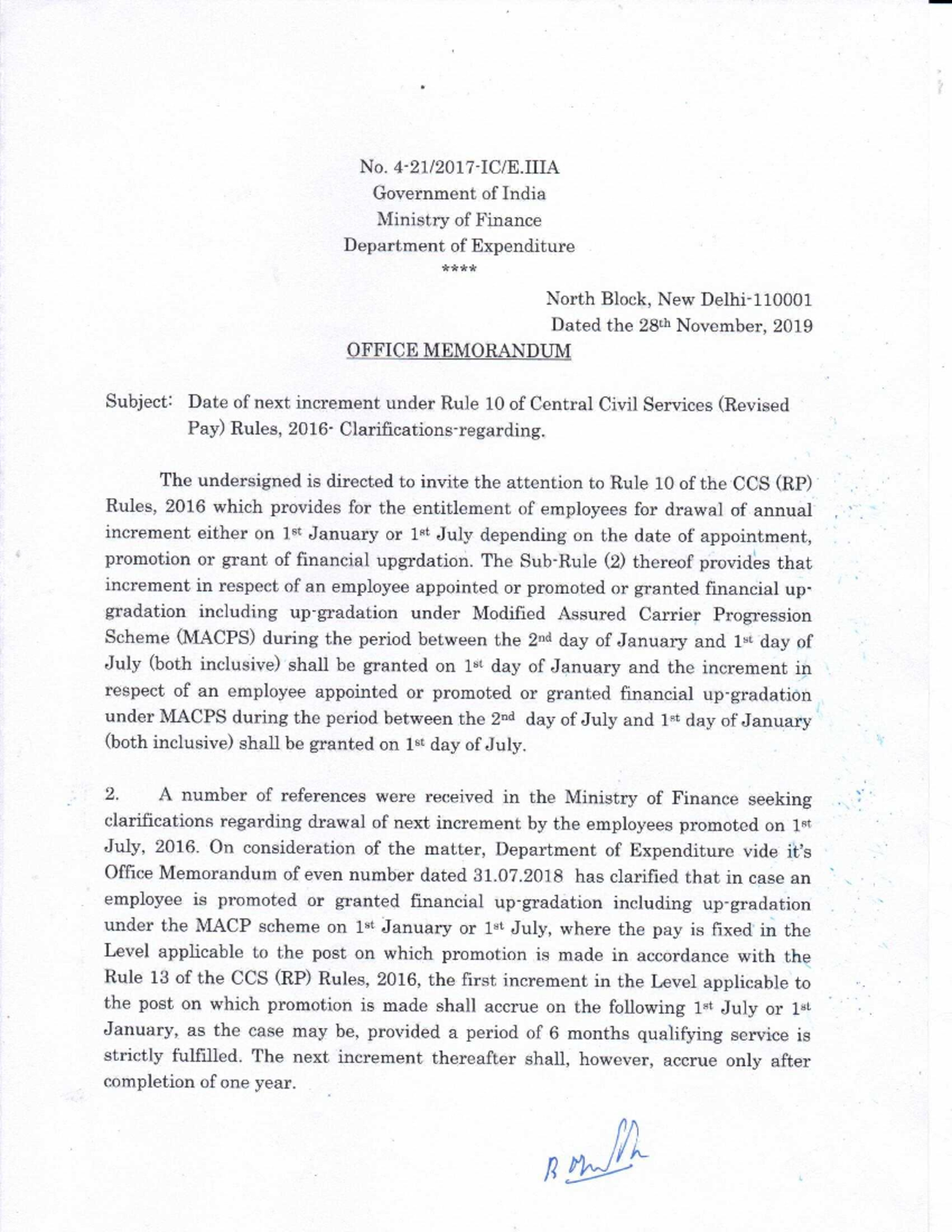 Clarification on Increment Rules under CCS (RP) Rules - O.M. 28 Nov ...