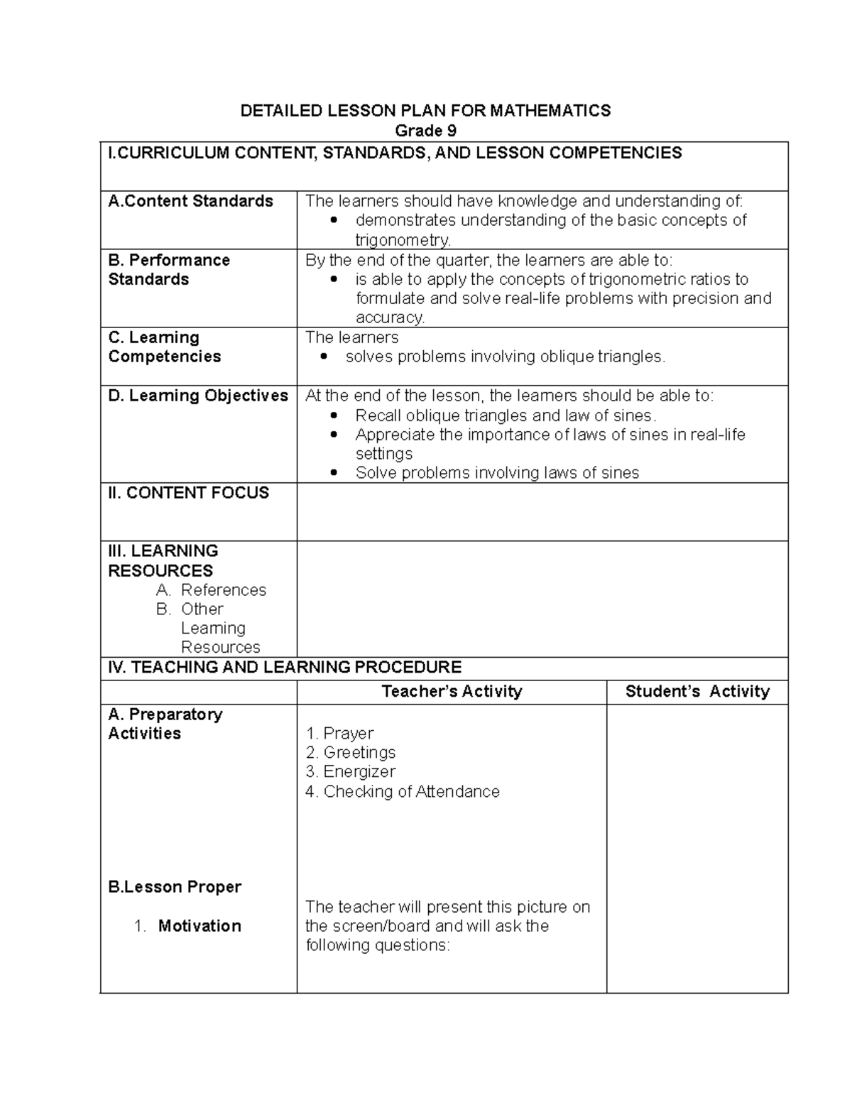Grade 9 Math Lesson Plan: Trigonometry & Oblique Triangles - Studocu