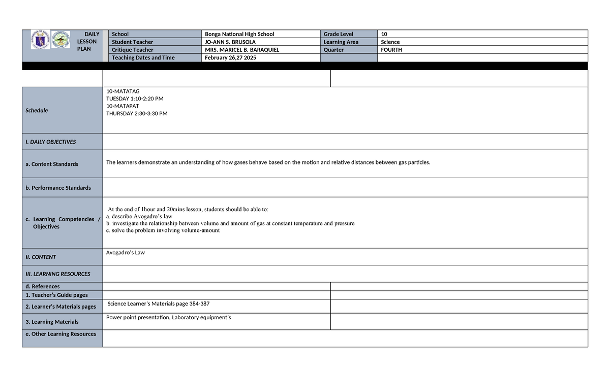 Combined GAS LAW - it help - DAILY LESSON PLAN School Bonga National ...