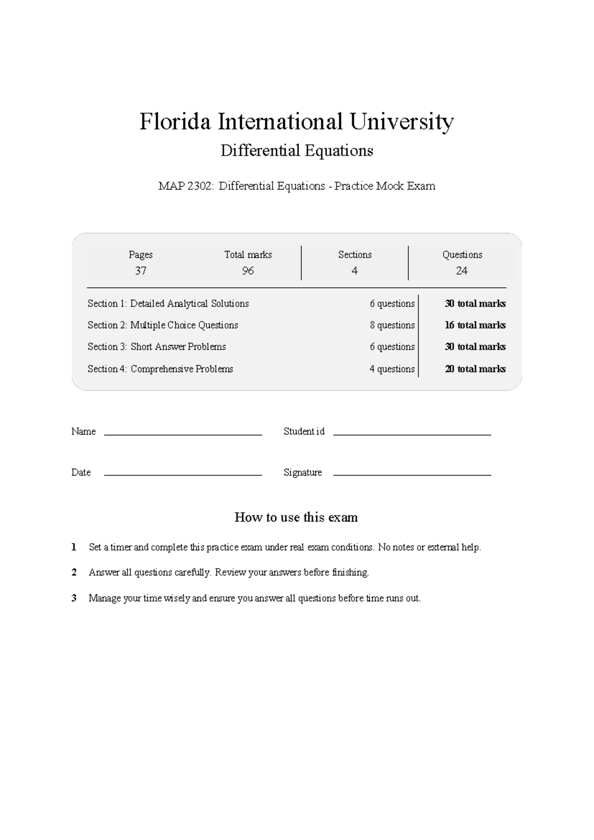 MAP 2302 Differential Equations FIU: Practice Mock Exam 2026 - Studocu