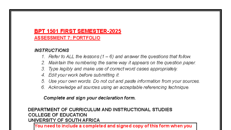 BPT 1501 Sem1 2025 Portfolio: First Assessment Guidelines - Studocu