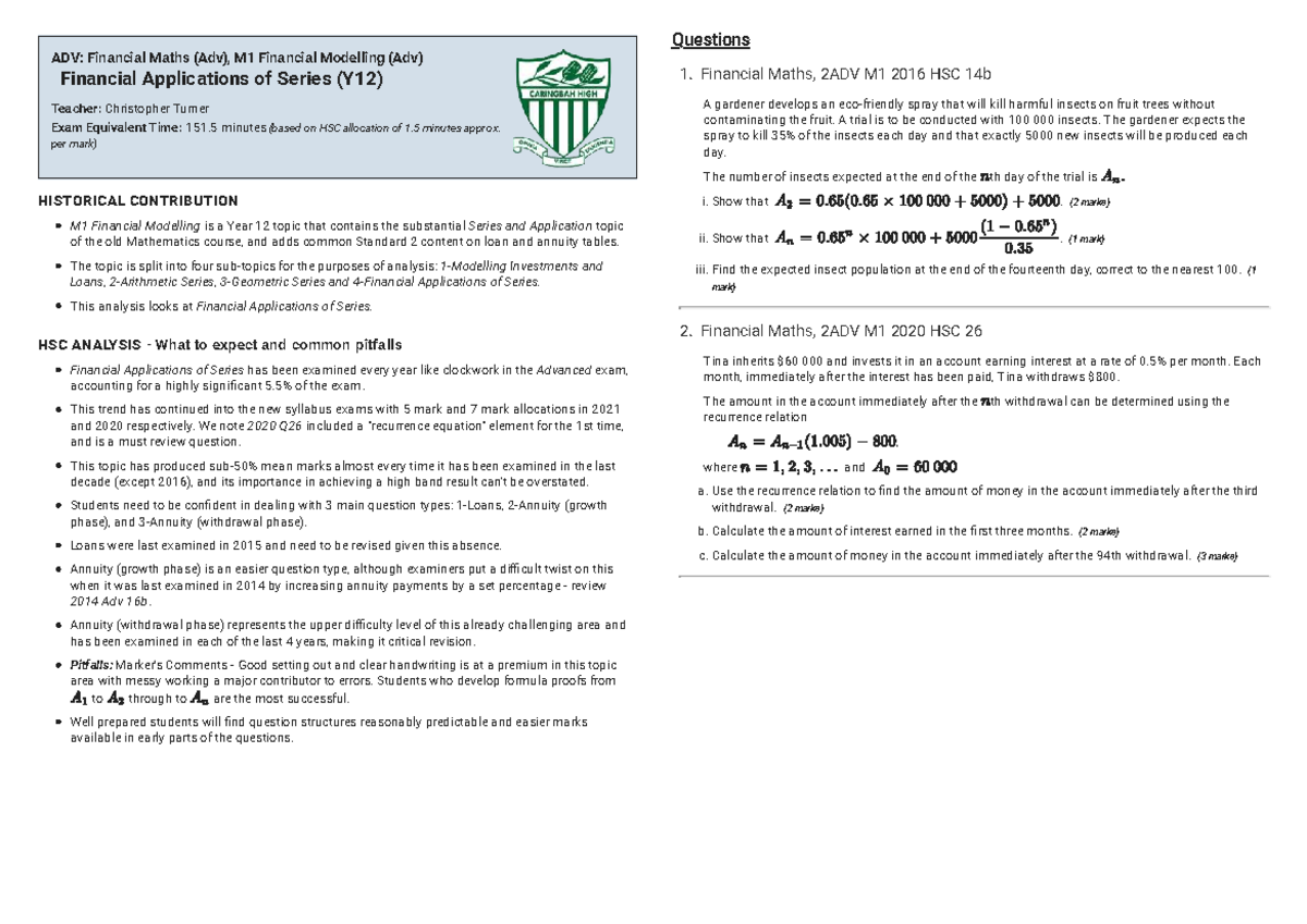 Adv: Financial Applications of Series (2ADV M1) Exam Insights and ...