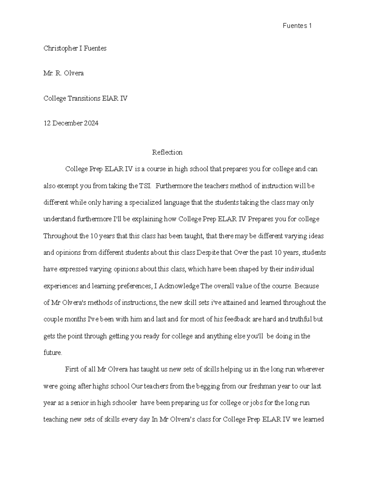 Reflection on College Prep ELAR IV: A Study of Growth and Skills - Studocu
