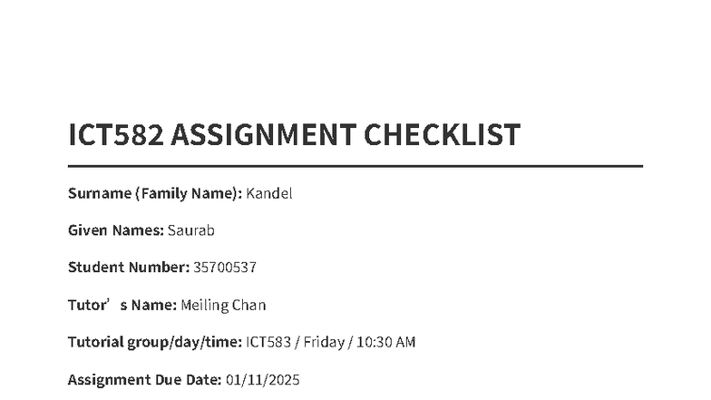 ICT582 Assignment Checklist and Code Submission by Saurab Kandel - Studocu
