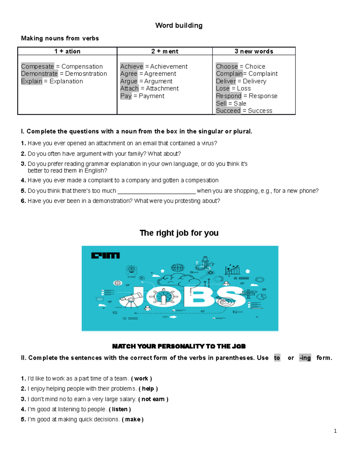 Nouns from Verbs: Word Building Techniques and Exercises (ENG101) - Studocu