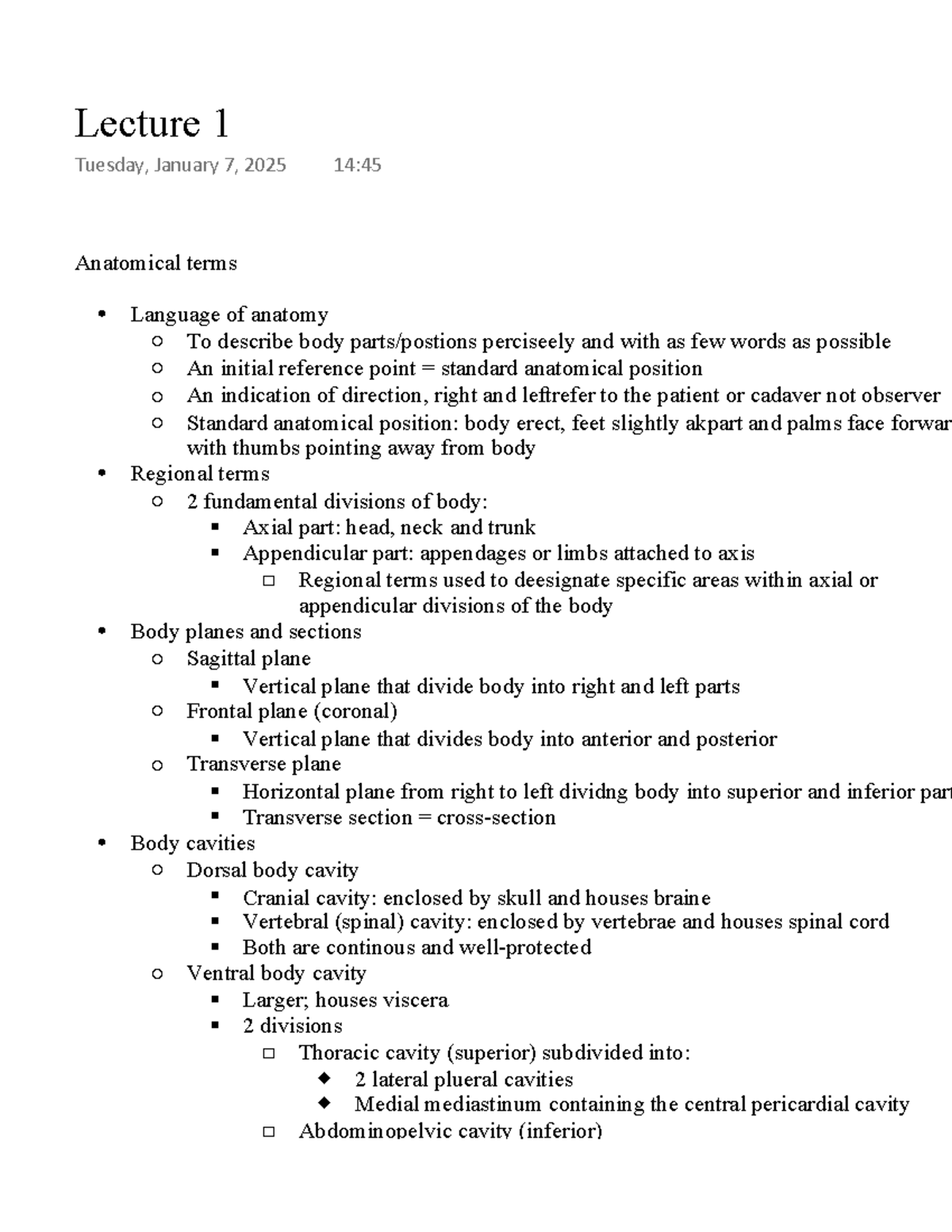 Lecture 1: Anatomical terms and body organization notes - Studocu