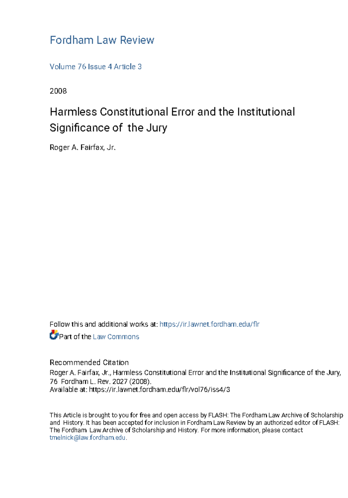 Harmless Constitutional Error & Jury Significance: Fordham L. Rev. 76(4 ...