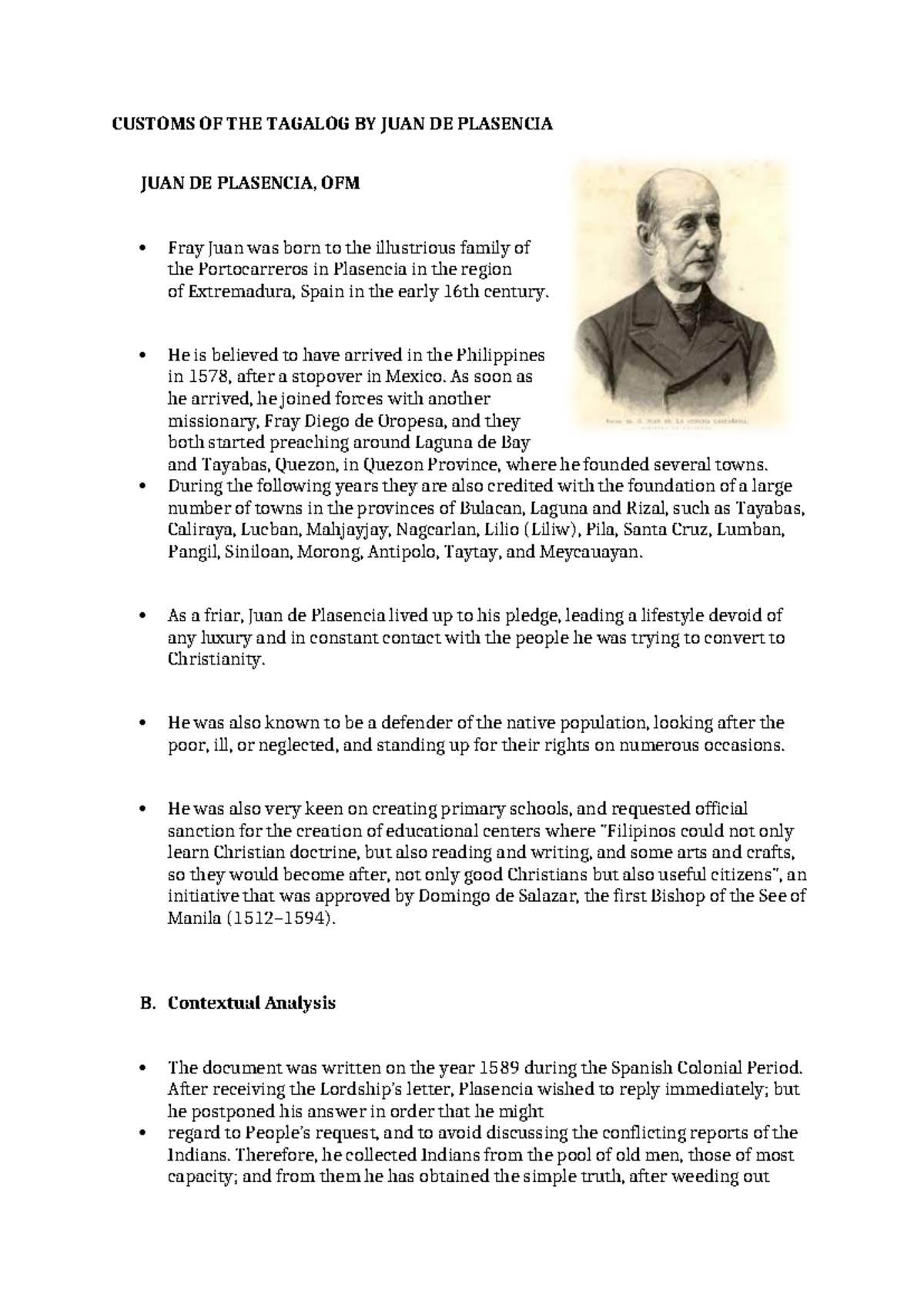 Customs of the Tagalog (1589) by Juan de Plasencia: An Overview - Studocu