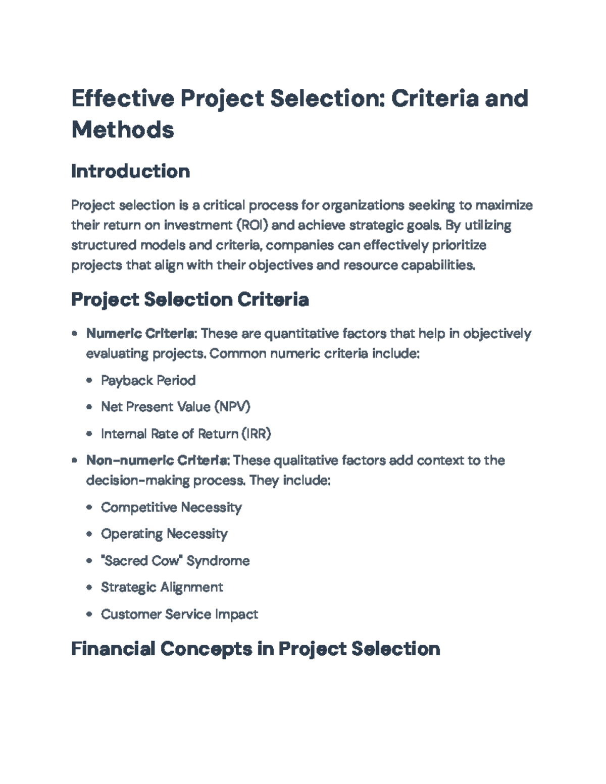 Effective Project Selection: Criteria, Methods, and Financial Insights - Effective Project - Studocu