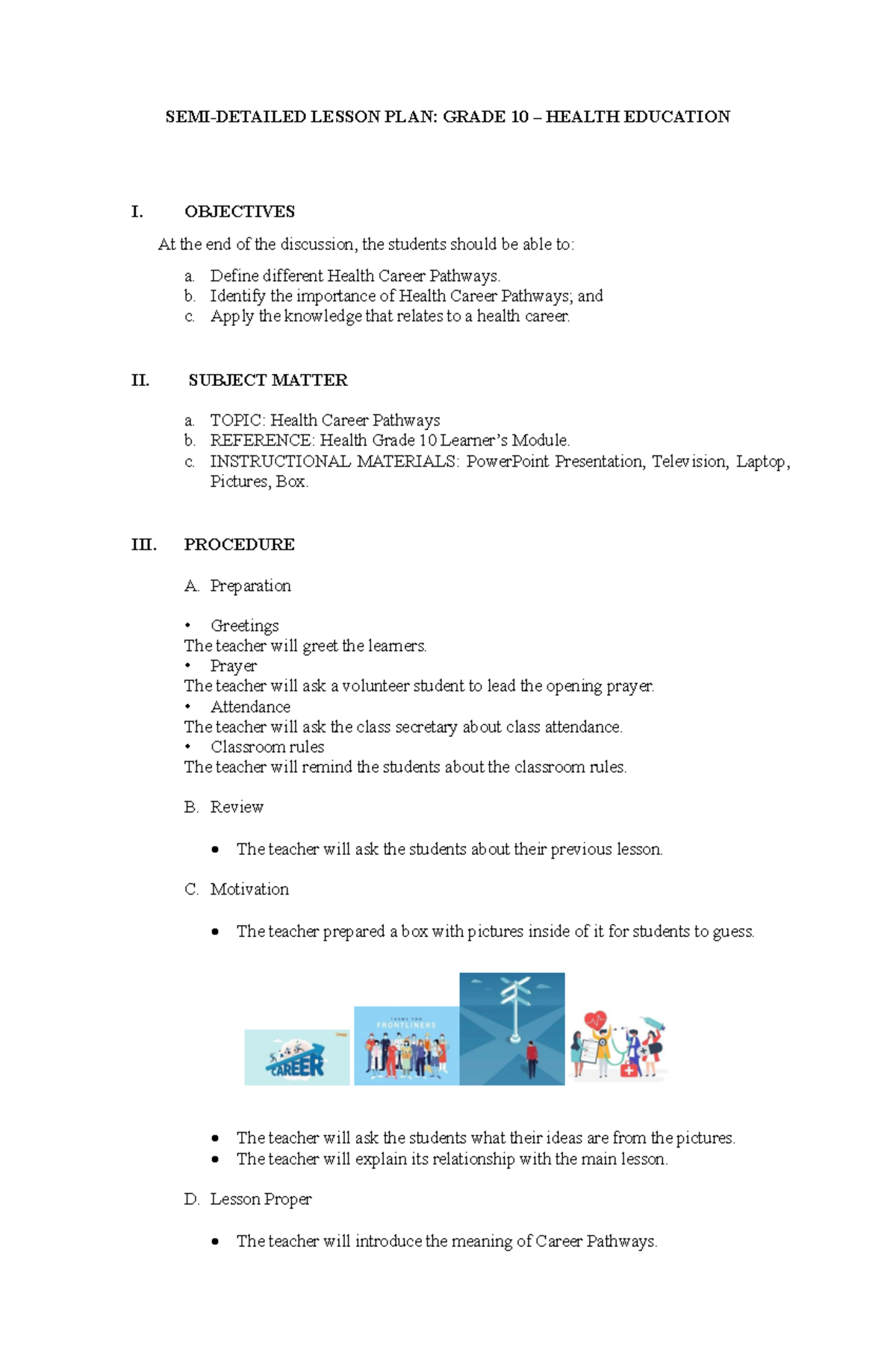 Semihealth - Semi detailed lesson plan (Career Pathways) - SEMI ...