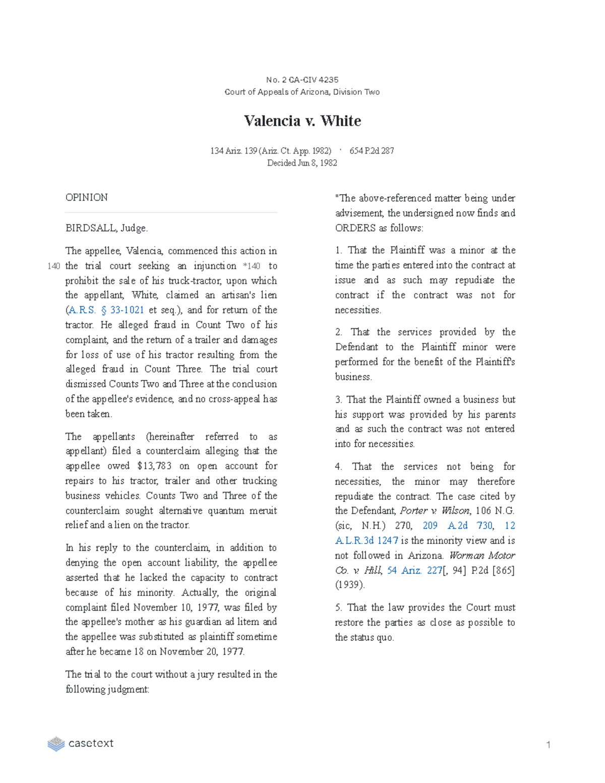 Valencia V White - Contracts - No. 2 CA-CIV 4235 Court of Appeals of ...