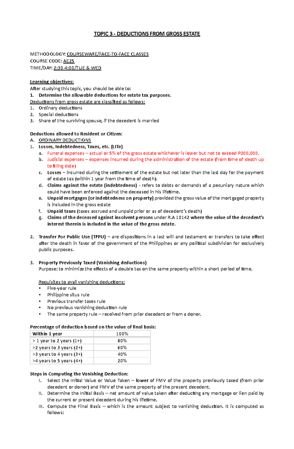 Topic 3: Deductions from Gross Estate Methodology (AE25) - Studocu