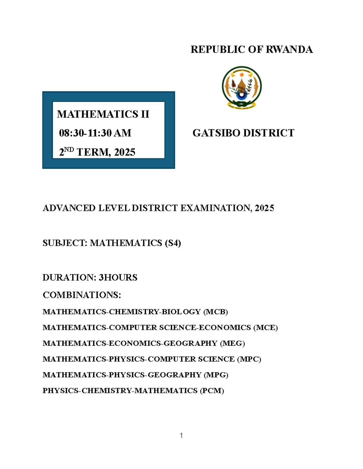 REPUBLIC OF RWANDA MATH II S4 GATSIBO DISTRICT 2ND TERM EXAM 2025 - Studocu