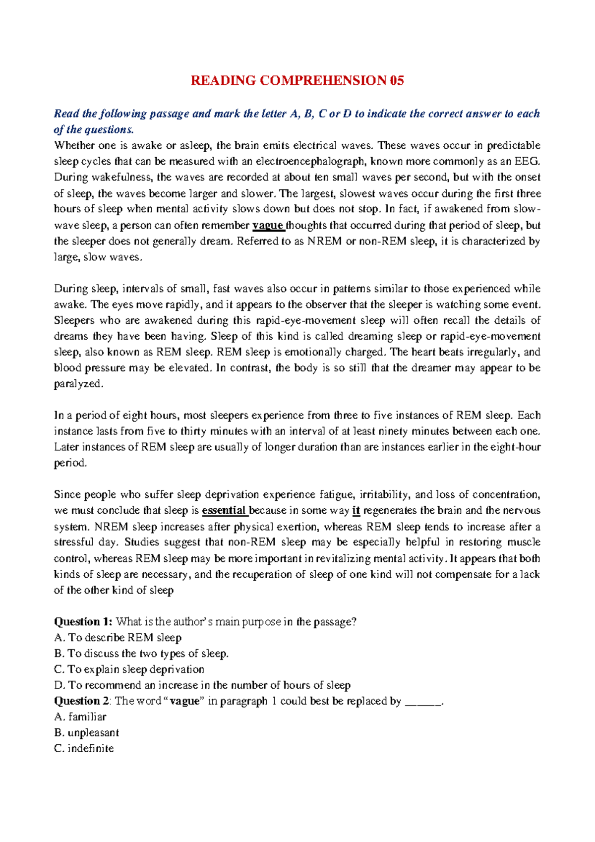 READING COMPREHENSION 05: Understanding Sleep Cycles and REM Sleep ...