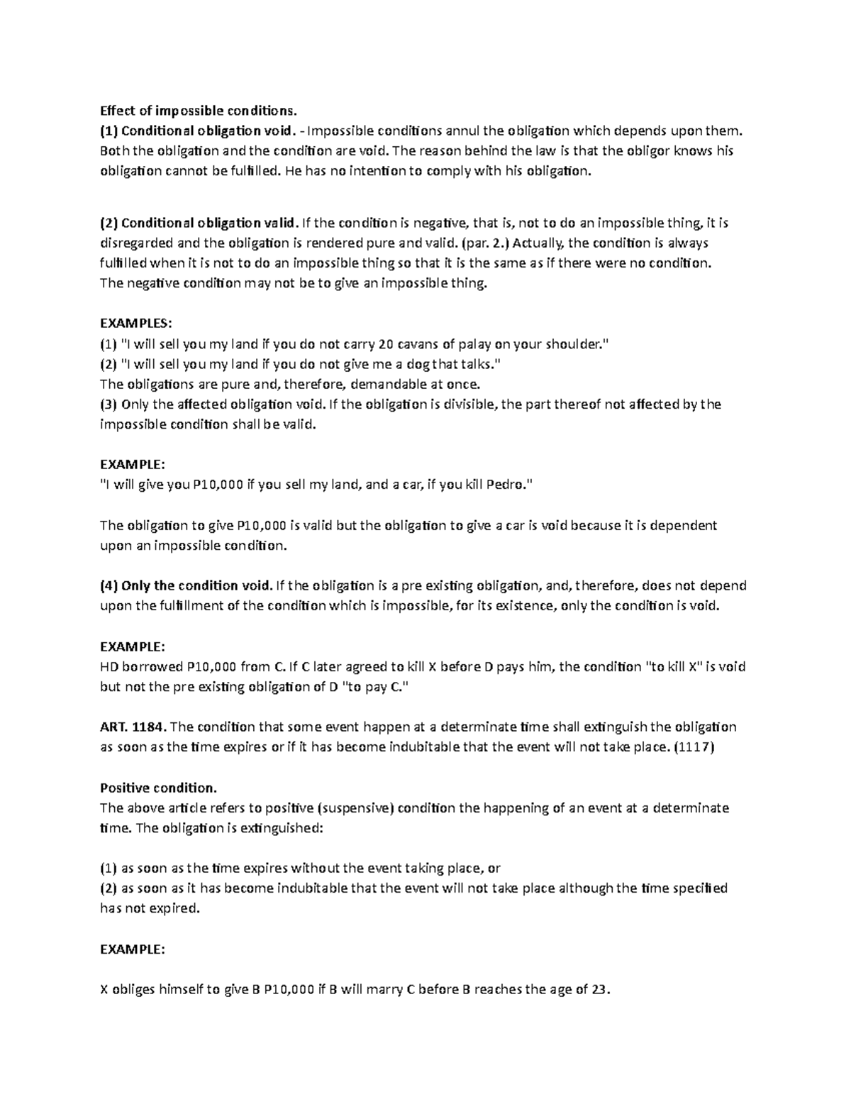 Effects of Impossible Conditions: Legal Validity and Examples - Studocu
