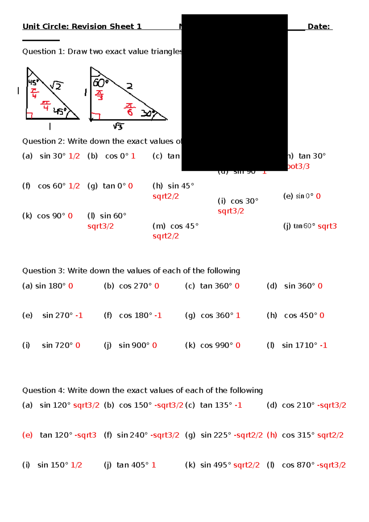 Unit Circle: Revision Sheet 1 (MATH101) - Studocu