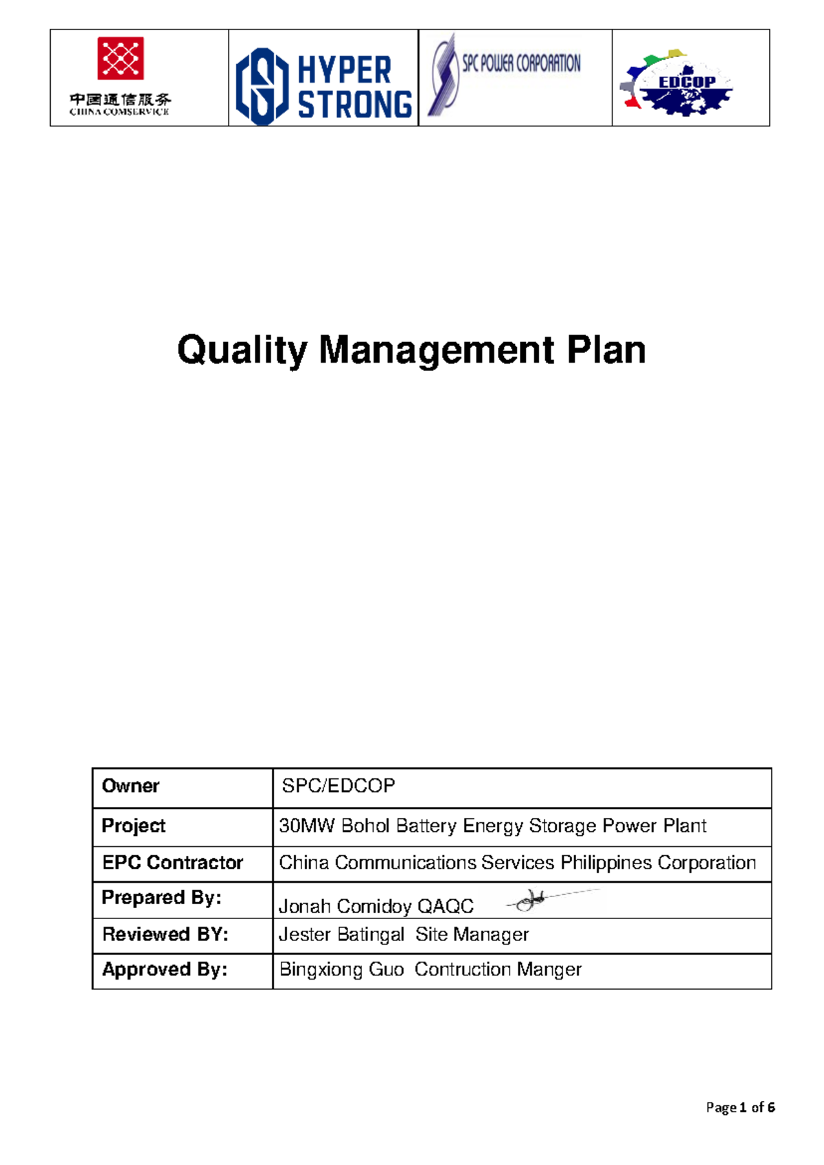 BOH-QMP-0001: Quality Management Plan for 30MW Bohol Battery Project ...