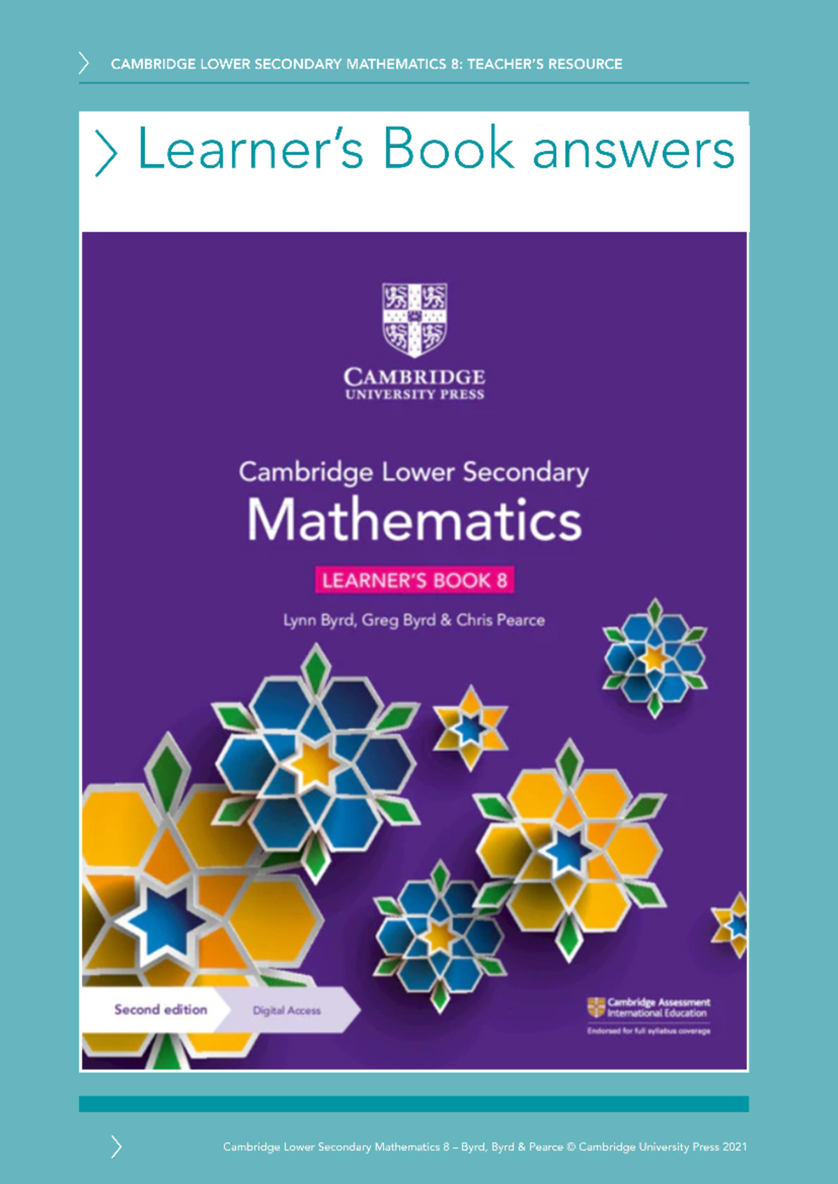 Cambridge Lower Secondary Maths 8: Learner's Book Answers Guide - Studocu