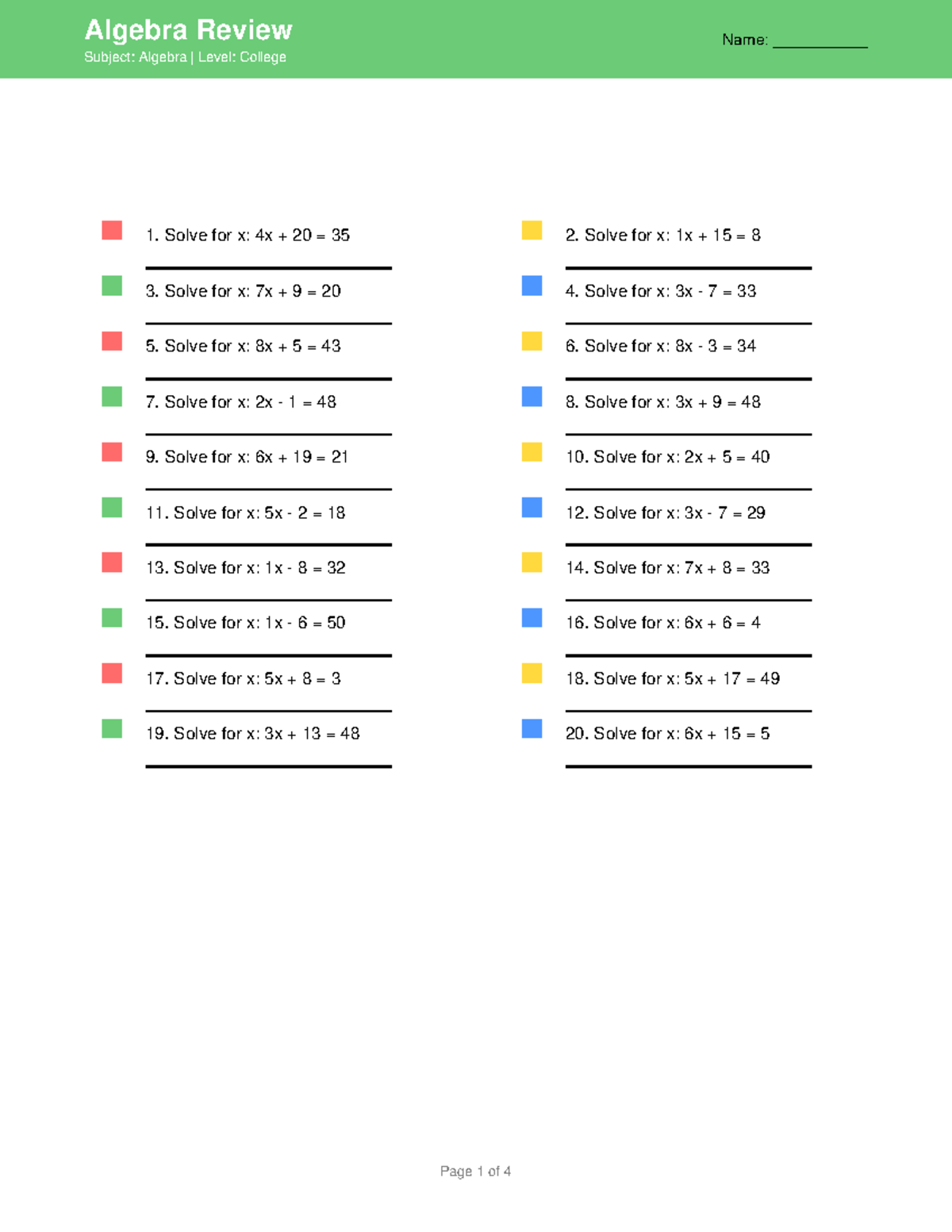 Algebra Review (College) - Problem Set and Answer Key - Studocu