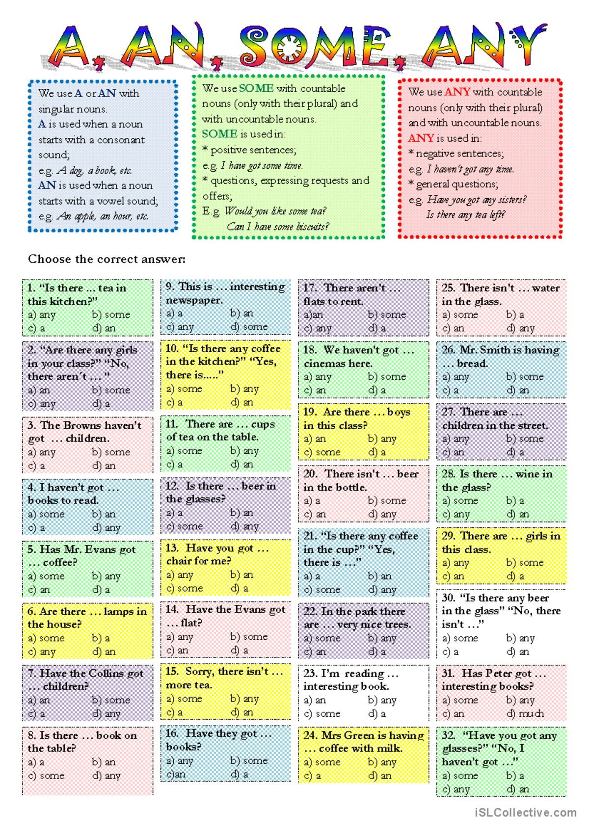 A, An, Some, Any - English Exercises for Grade 3 (ENG 101) - Studocu