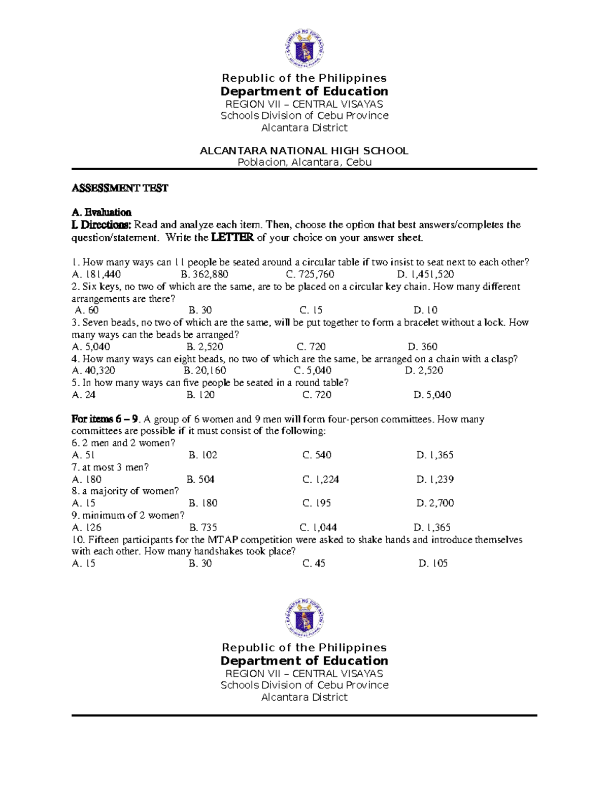 Assessment Test - Republic of the Philippines Department of Education ...