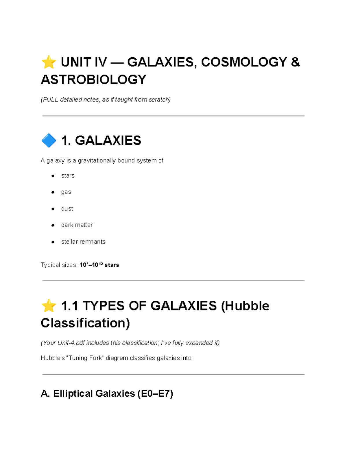 UNIT IV: GALAXIES, COSMOLOGY & ASTROBIOLOGY - Detailed Notes - Studocu