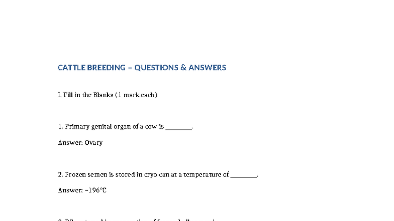 CATTLE BREEDING Q&A - BIO 101: Fill in the Blanks & True/False - Studocu
