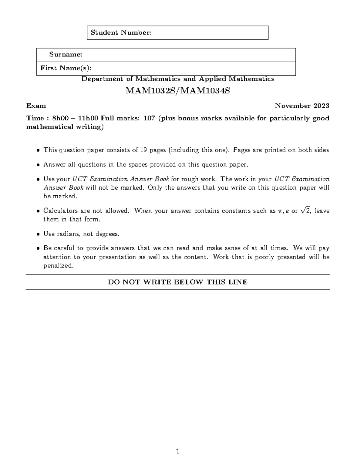 MAM1032S Final Exam November 2023 - Mathematics and Applied Math - Studocu