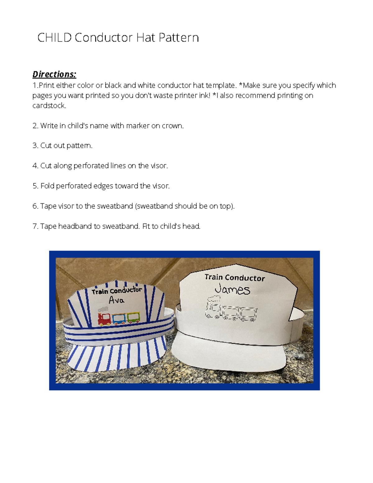 Child Conductor Hat Pattern-1 - Directions: ####### 1 either color or ...
