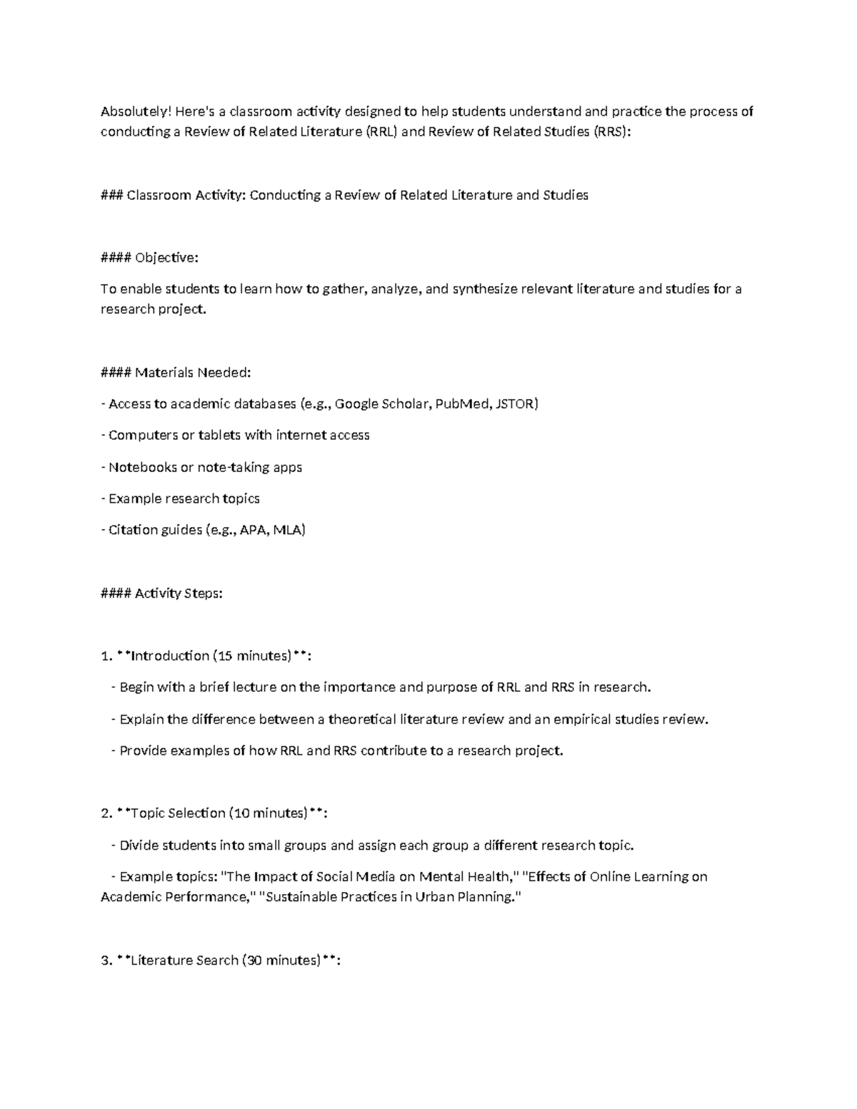 Activity 1: Conducting RRL and RRS for Research Projects - Studocu