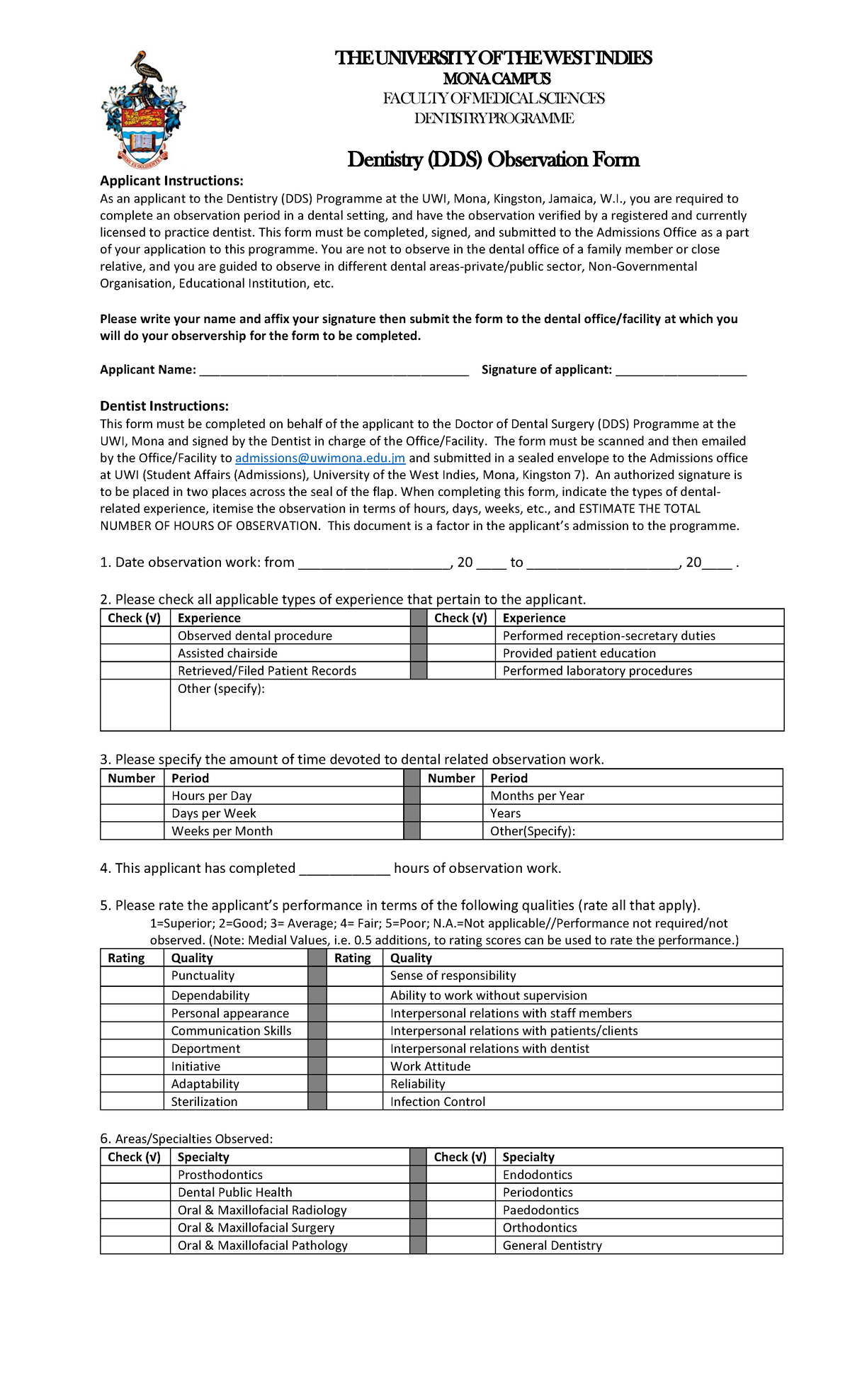 DDS Program Observation Form Instructions for Applicants and Dentists ...