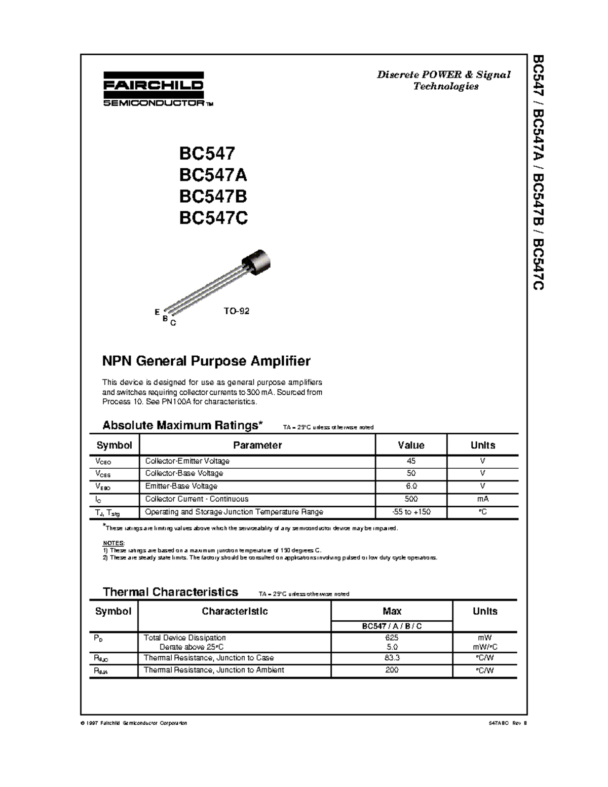 Transistor BC 547c - datasheet - BC547 / BC547A / BC547B / BC547C ...