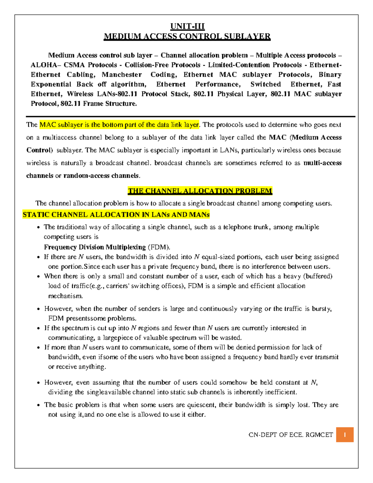 Unit 3: Medium Access Control (MAC) - Channel Allocation & Protocols ECE RGMCET - Studocu