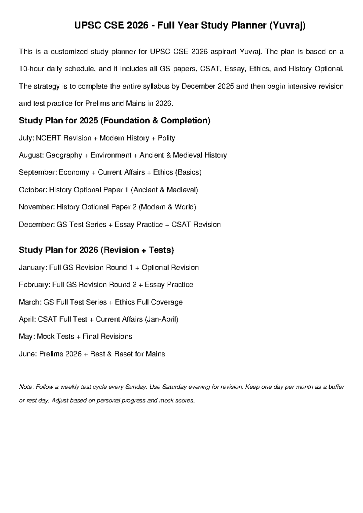 UPSC CSE 2026 Customized Full Year Study Planner for Yuvraj - Studocu