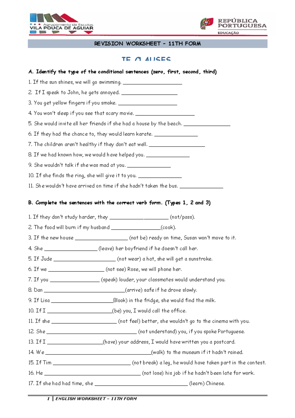 If Clauses Exercises - Conditional Sentences for 11th Form - Studocu