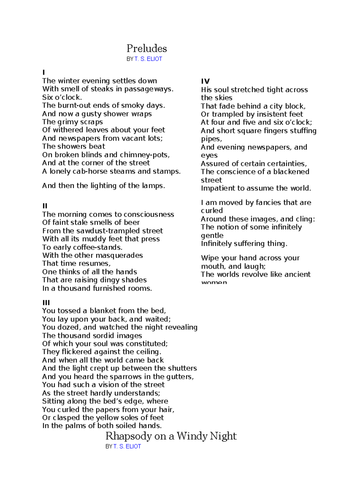 T.S. ELIOT: Analysis of Key Poems - Preludes, Prufrock, and More - Studocu