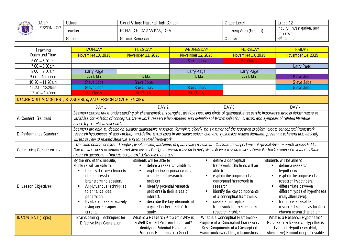 DAILY LESSON LOG: Grade 12 Inquiry, Investigation, and Immersion 3rd ...