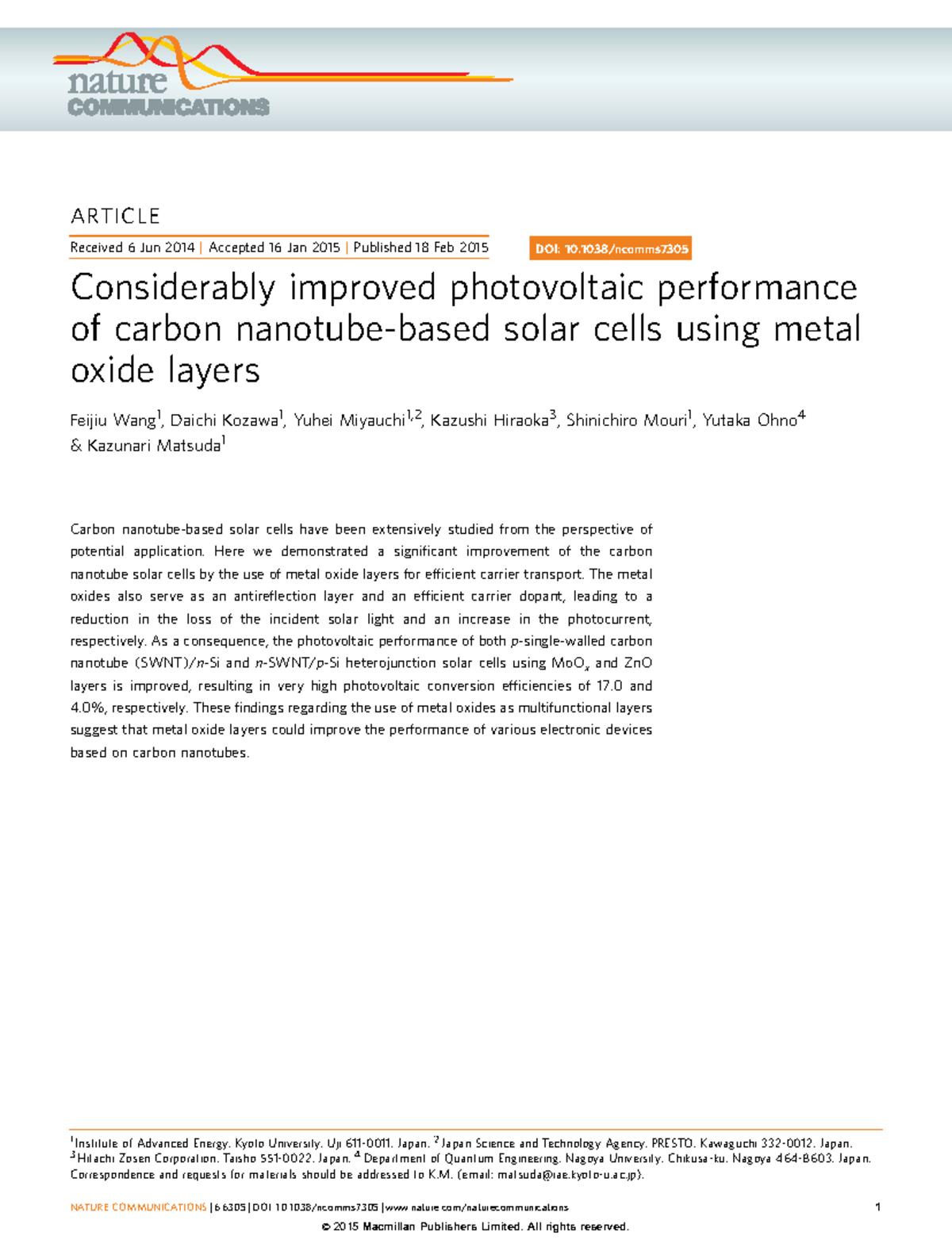 Ncomms 7305 - cnt in perovskite solar cell - ARTICLE Received 6 Jun ...