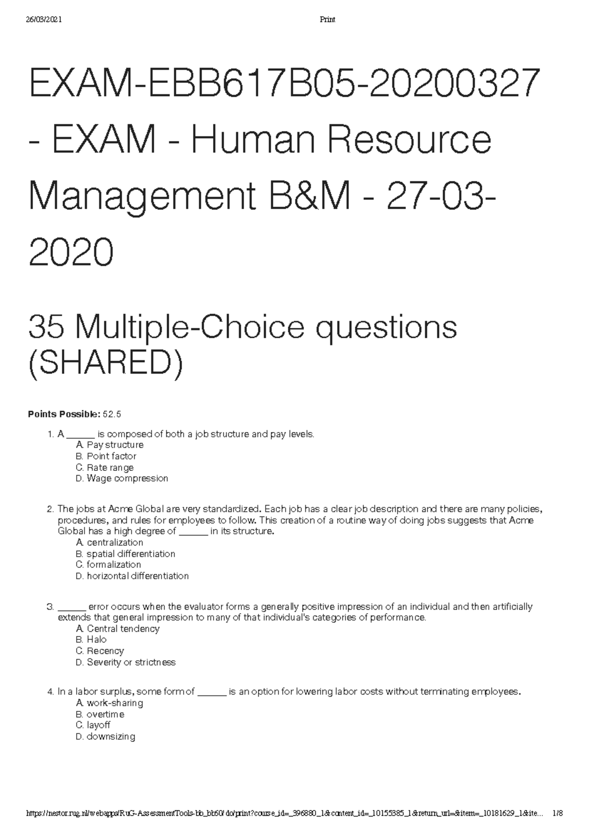 Mock Exam 2021 HRM B&M - Multiple-Choice & Essay Questions Overview ...
