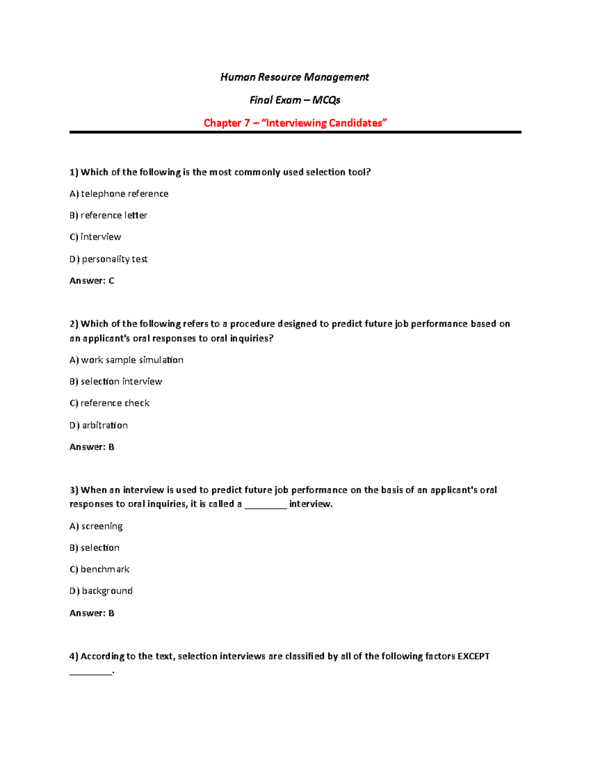 MCQs - Chapter 7 - Interviewing Candidates - HRM Final Exam Notes - Studocu
