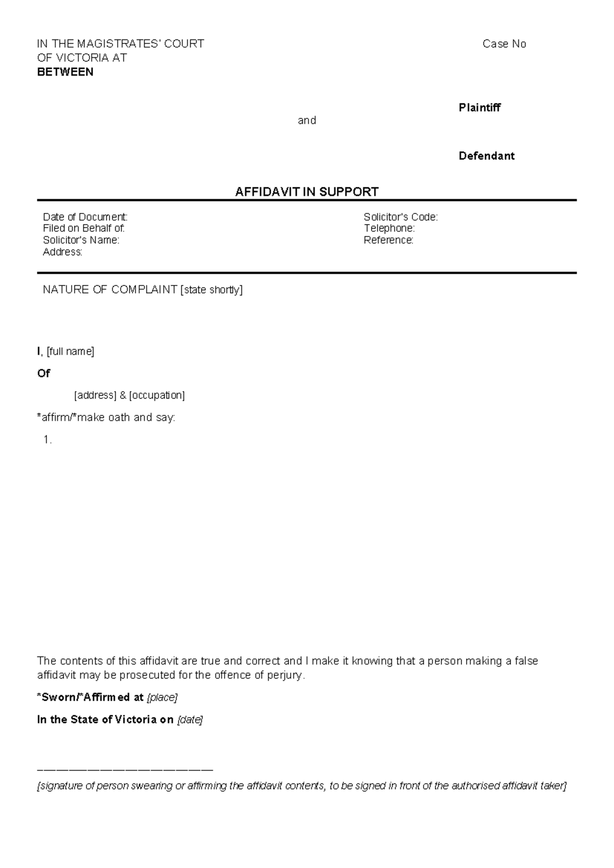 Affidavit in Support of Application - Magistrates' Court of Victoria ...
