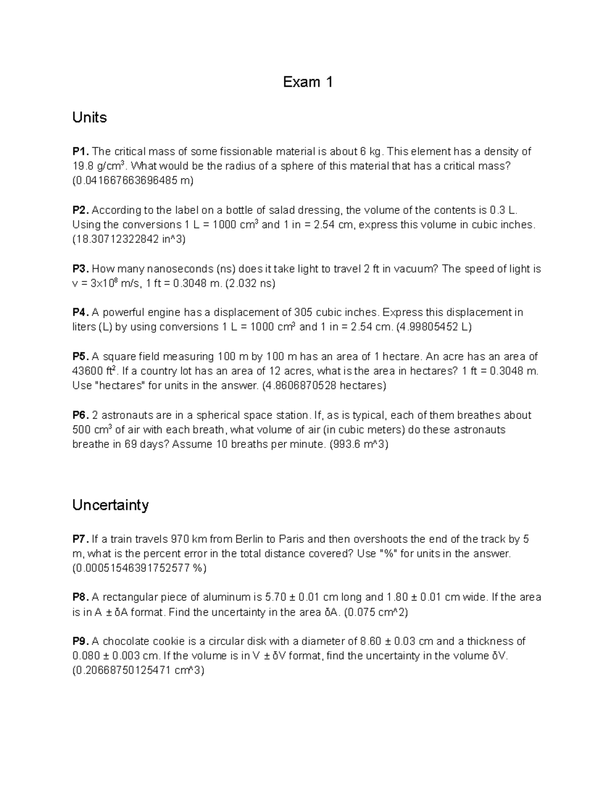 PHYS161 Exam 1 - Practice Problems and Solutions - Studocu
