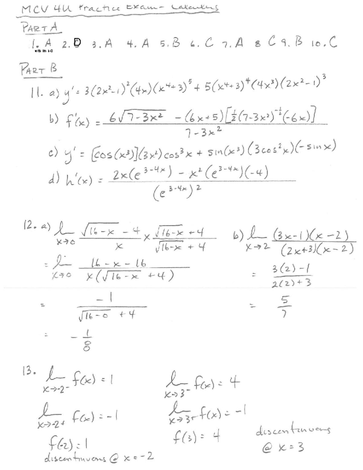 MCV4U Practice Exam Solutions: Detailed Answer Key - Studocu