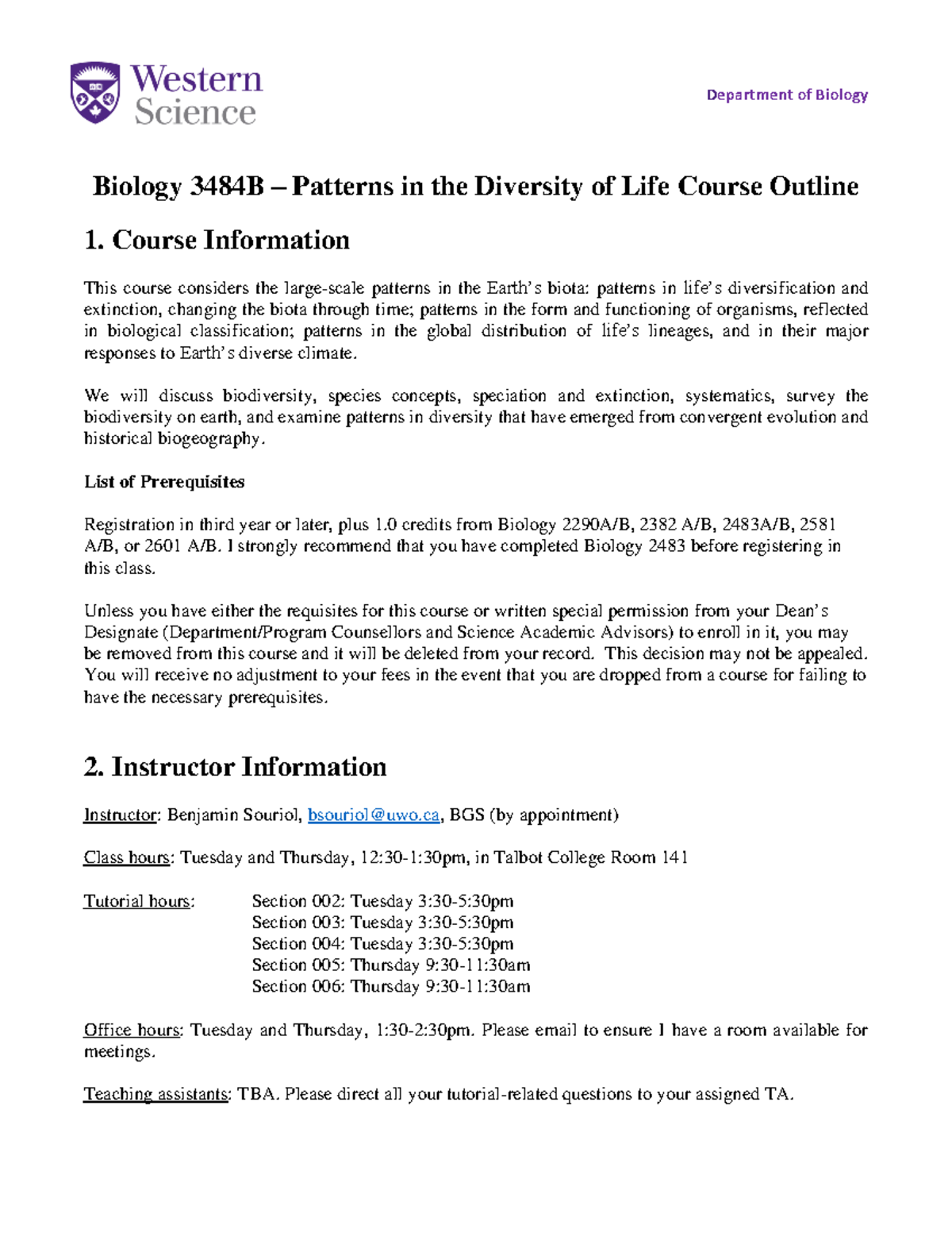 BIOL 3484B Course Outline: Patterns in Life's Diversity and ...