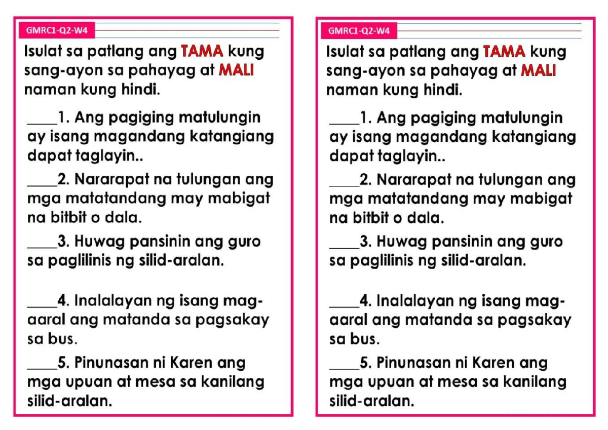 GMRC Worksheet: TAMA o MALI na Pahayag - Studocu