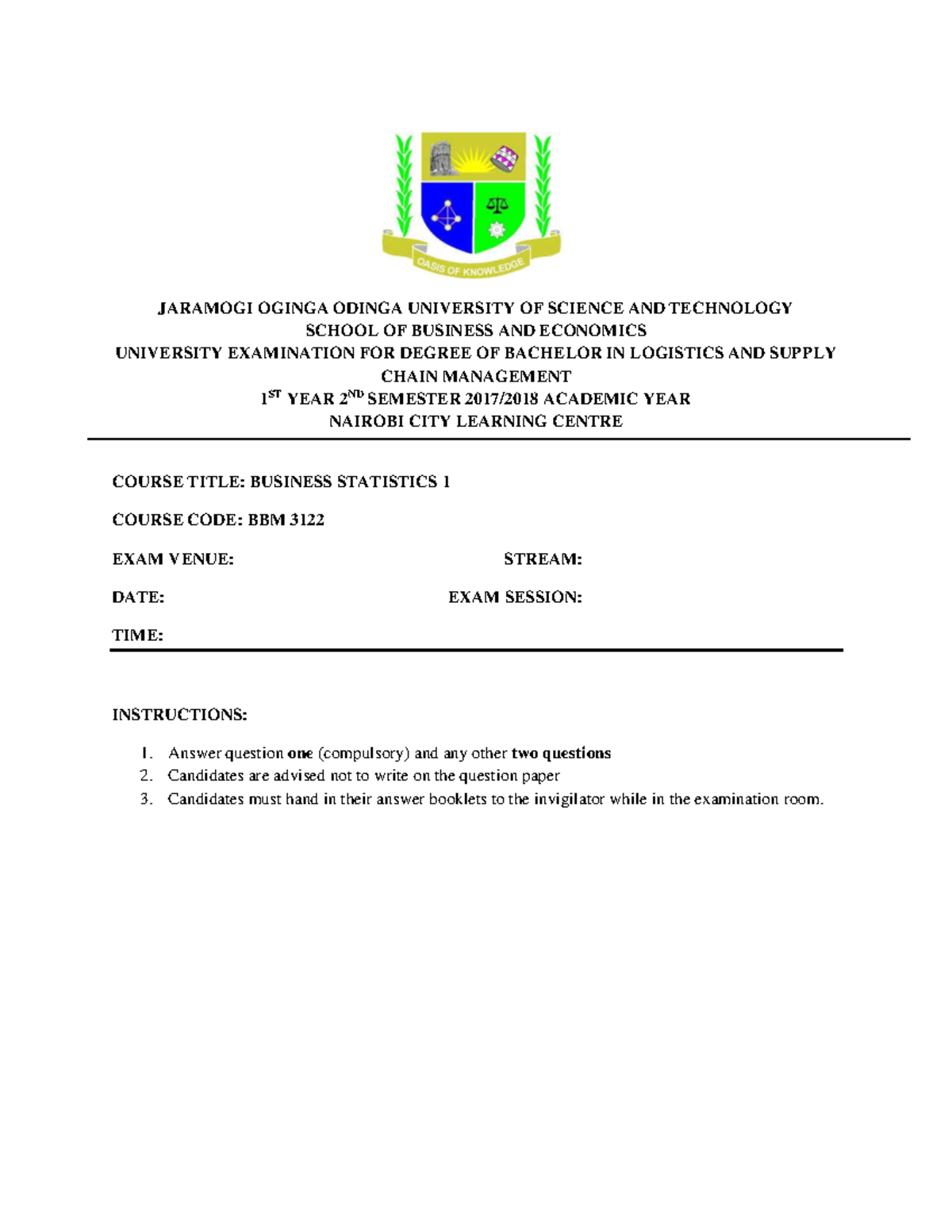 Business Statistics 1 (BBM 3122) Exam Study Guide - Studocu